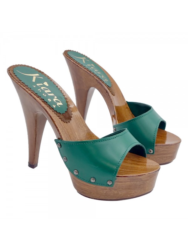 WOOD GREEN LEATHER CLOGS WITH HIGH HEEL | Made in Italy | Kiara Shoes