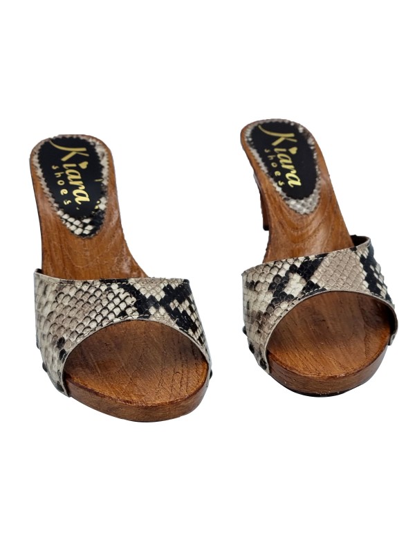 Beige clogs with python effect print and comfortable heel | Made in Italy | Kiara Shoes